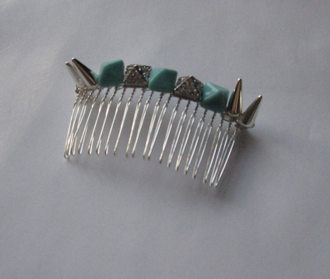 Turquoise Blue Silver Crystal Pyramid Spike Metal Comb, for Weddings ...