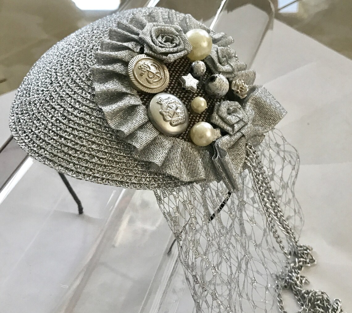 Silver Straw Fascinator Hat With Beaded Chain Appliqué Veil - Etsy
