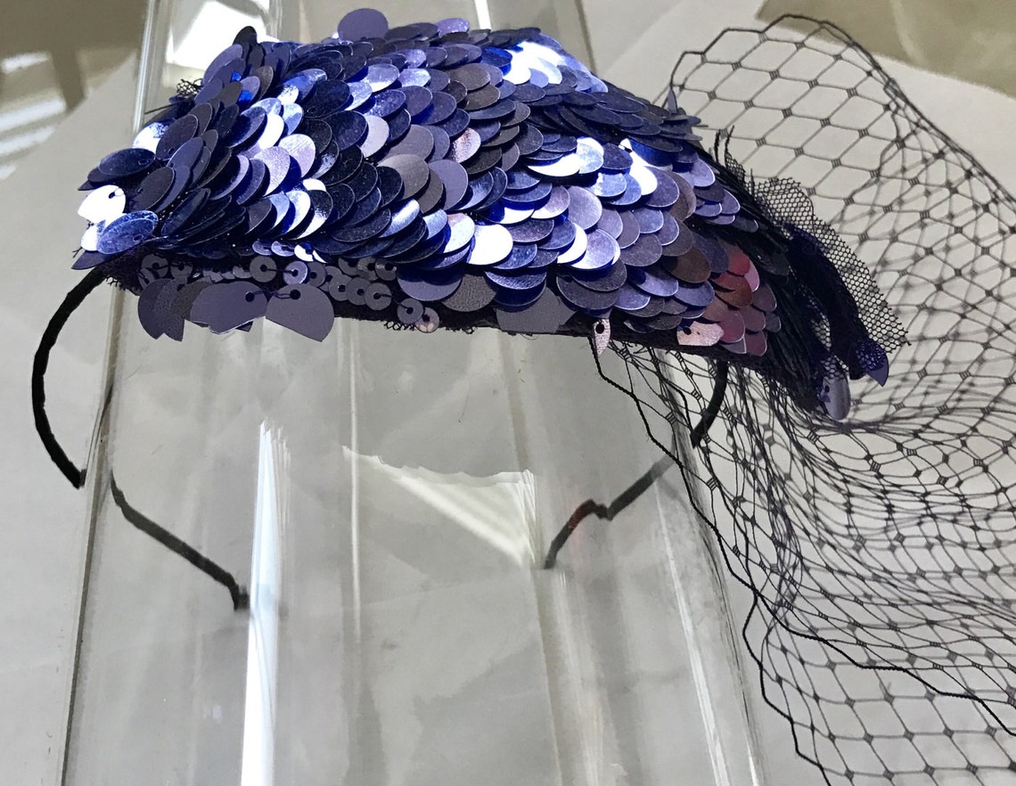 Purple Sequin Teardrop Fascinator Hat With Veil and Satin - Etsy