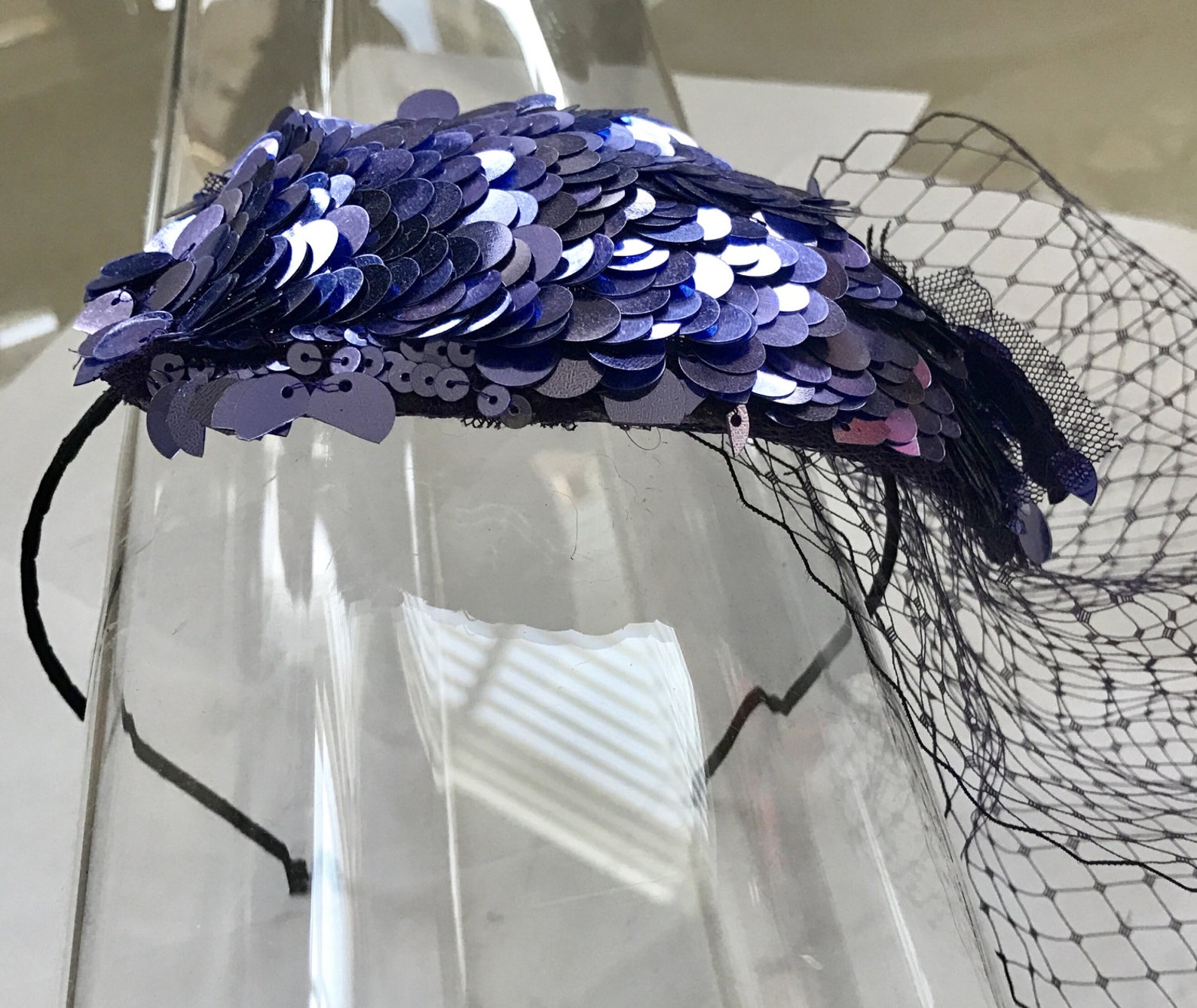 Purple Sequin Teardrop Fascinator Hat With Veil and Satin - Etsy