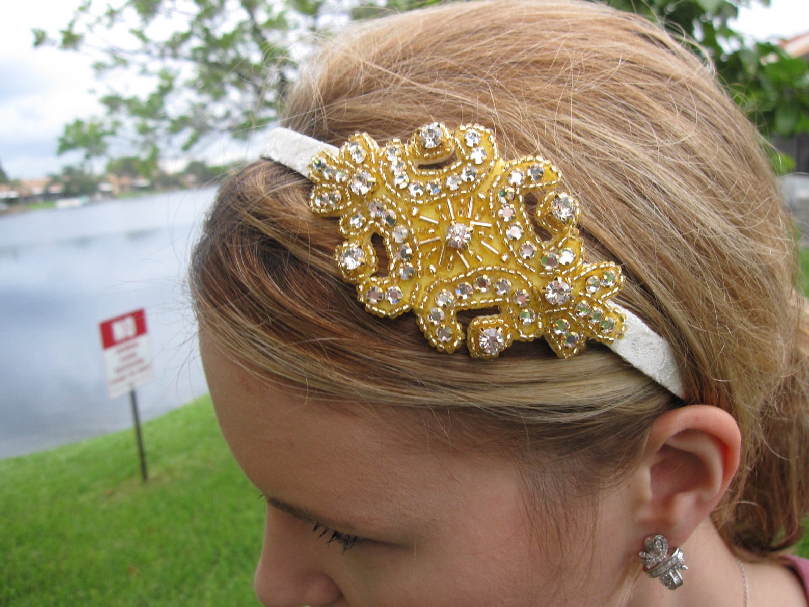 Gold Crystal Applique Headband With Lace Trim For Weddings Etsy