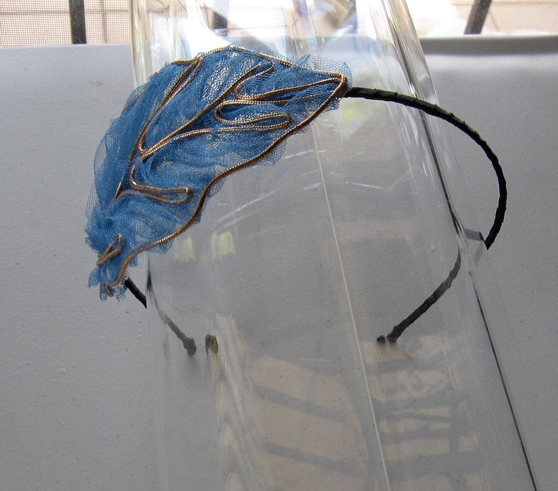 Periwinkle Blue Tulle Gold Trim Leaf Black Satin Headband, for Weddings ...