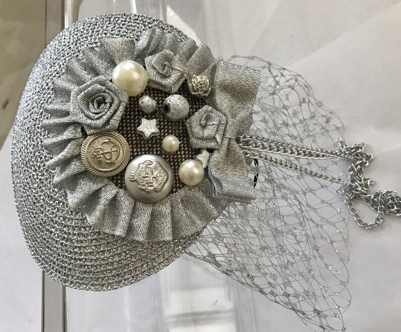 Silver Straw Fascinator Hat With Beaded Chain Appliqué Veil - Etsy