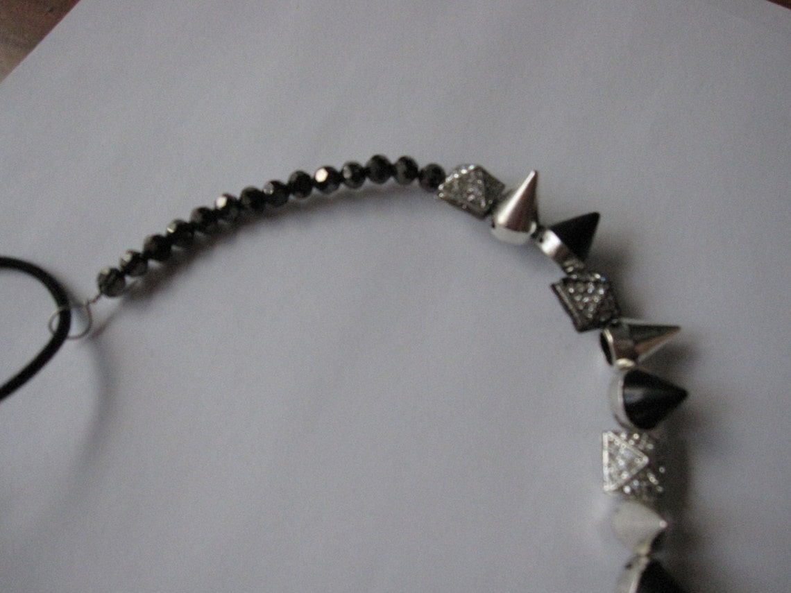 Black Spike Silver Crystal Metal Pyramid Beaded Elastic Headband, for ...