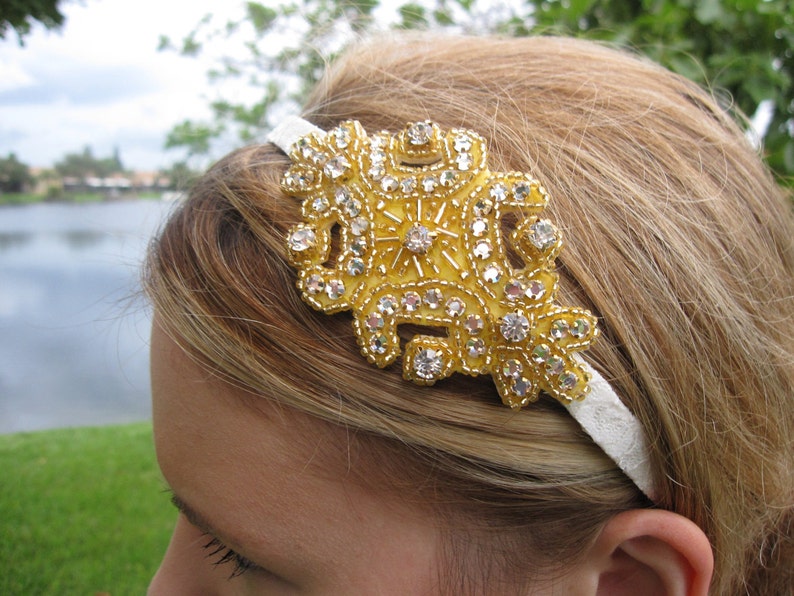 Gold Crystal Applique Headband With Lace Trim For Weddings Etsy