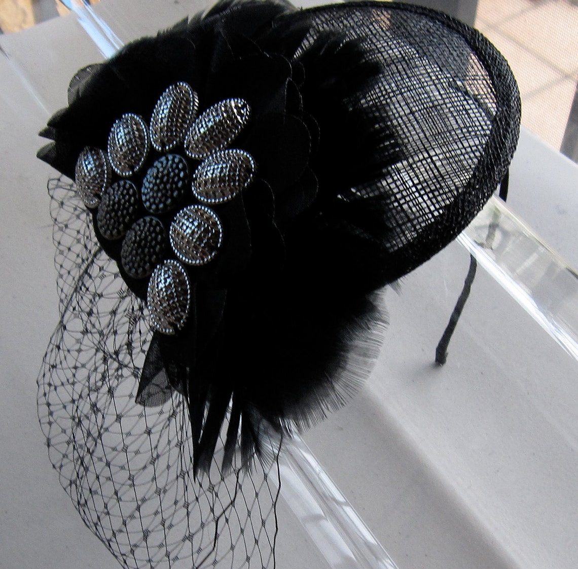 Black Metal Studded Feather Flower Sinamay Fascinator Hat With Veil and ...