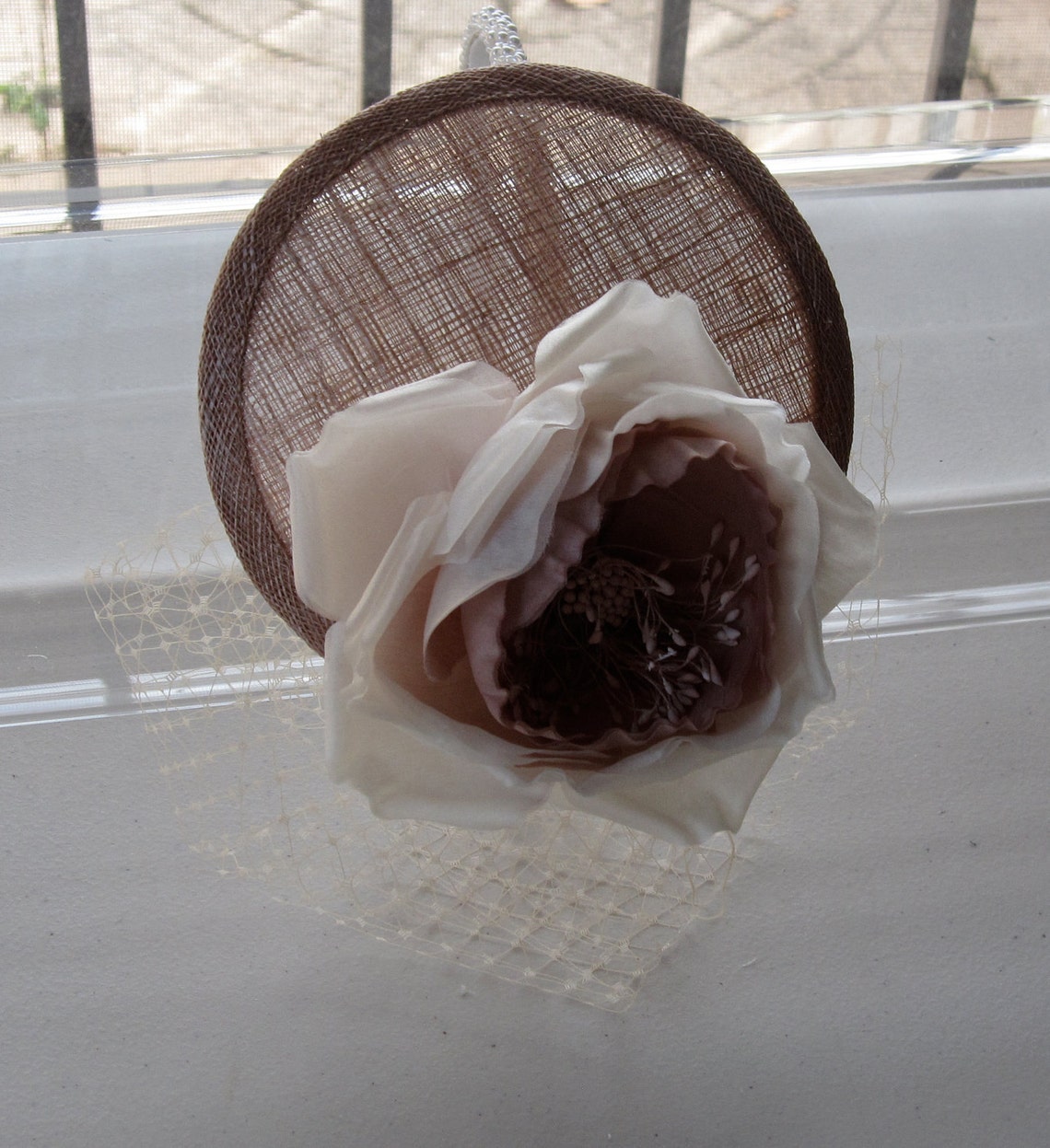 Silk Ivory and Rose Flower Sinamay Fascinator Hat With Veil and Beaded ...