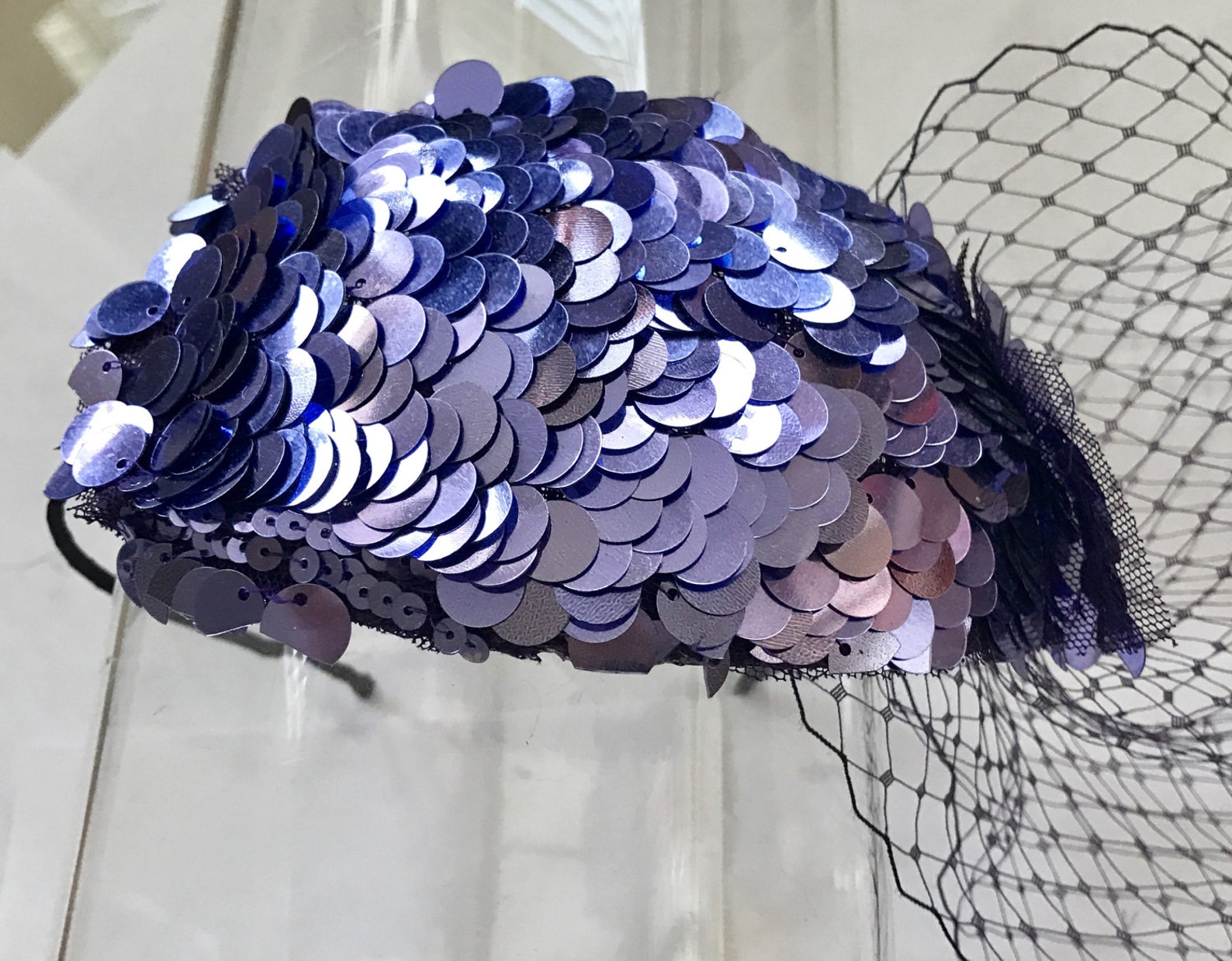 Purple Sequin Teardrop Fascinator Hat With Veil and Satin - Etsy