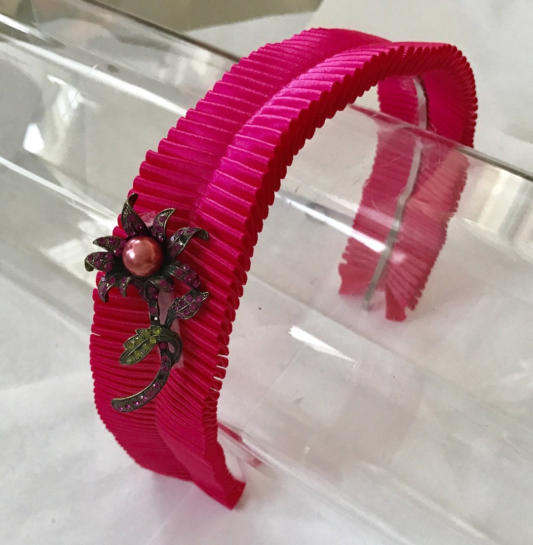 Fuchsia Pink Satin Ruffle Headband With Crystal Flower Pin, for ...