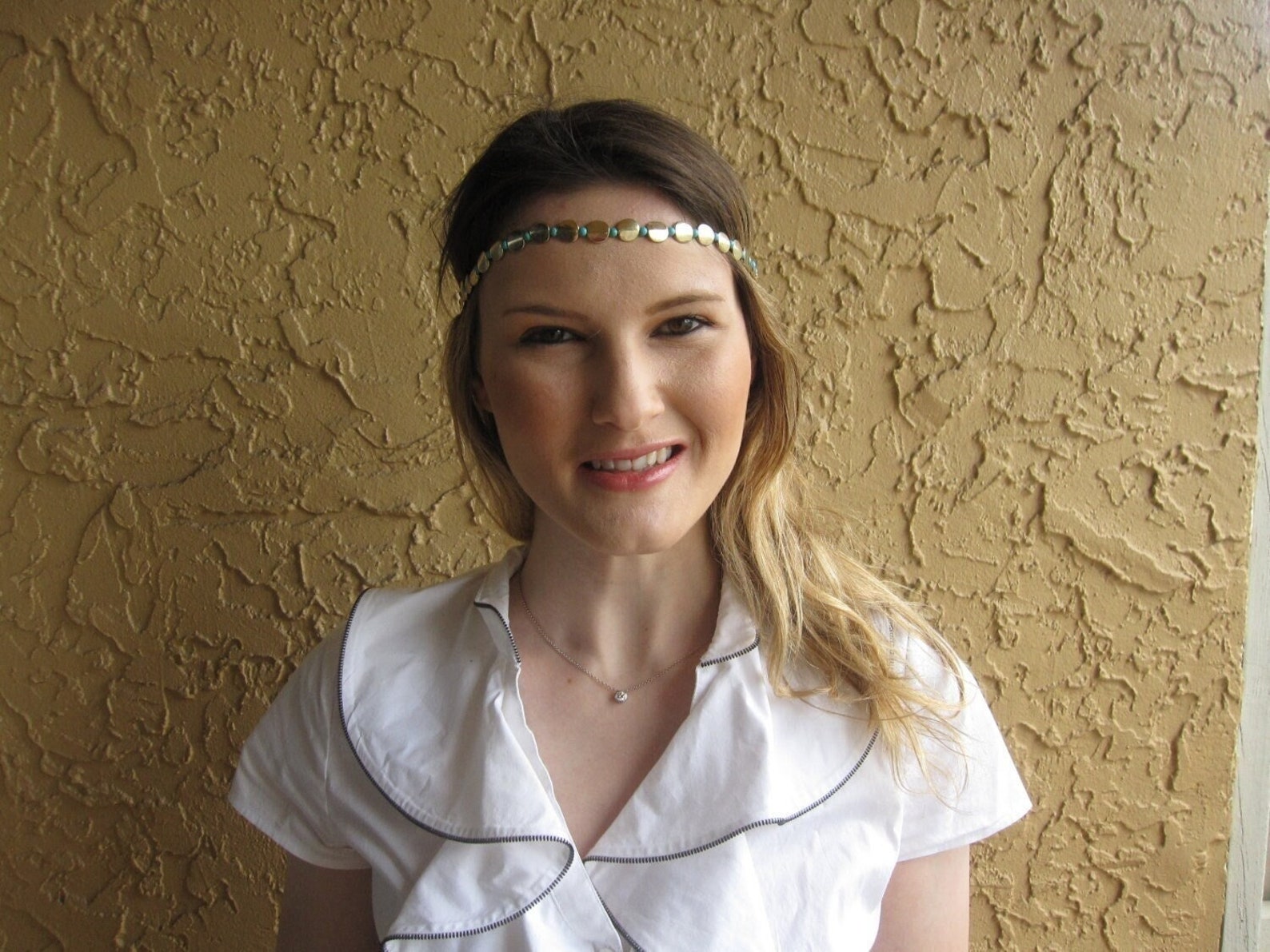 Gold Coin Turquoise Blue Beaded Elastic Halo Headband, for Weddings ...