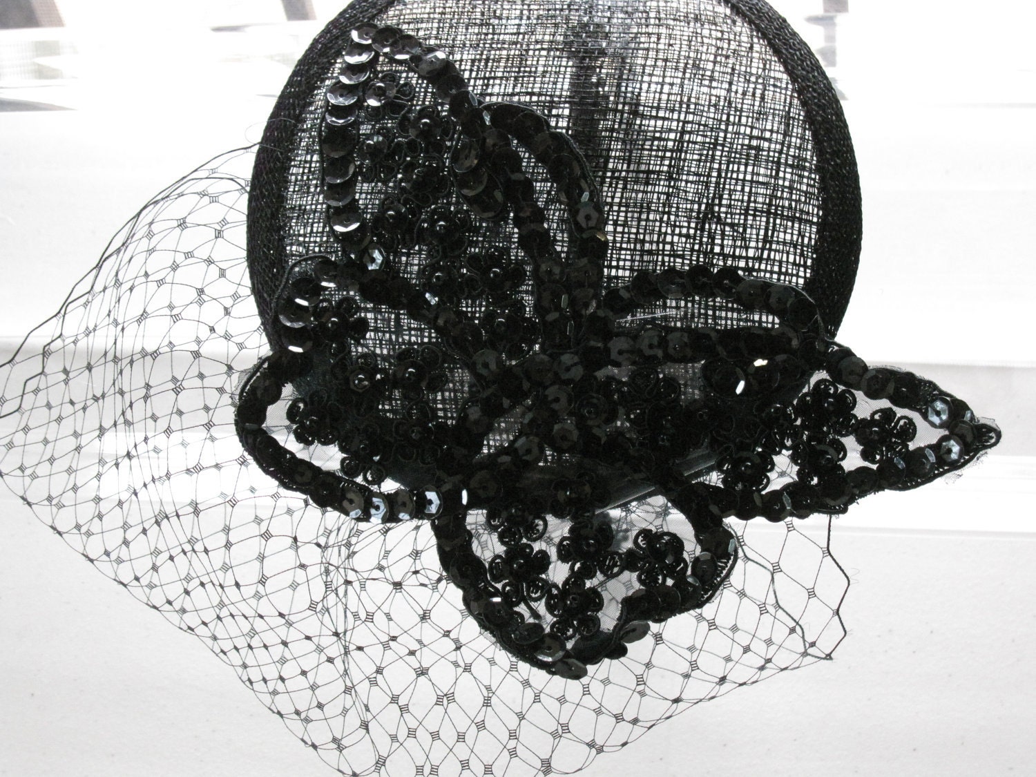 Black Sequin Butterfly Sinamay Fascinator Hat With Veil and | Etsy
