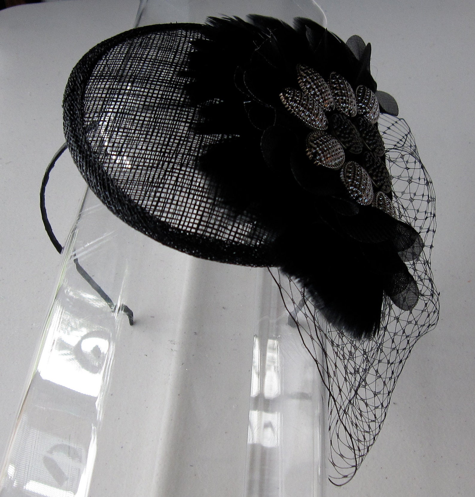 Black Metal Studded Feather Flower Sinamay Fascinator Hat With Veil and ...