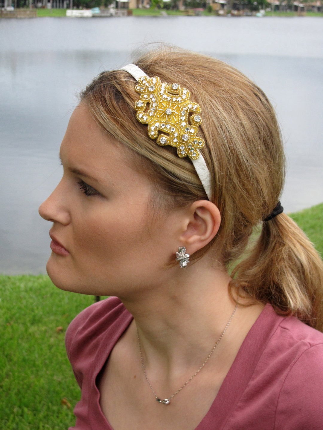 Gold Crystal Applique Headband With Lace Trim For Weddings Bridal