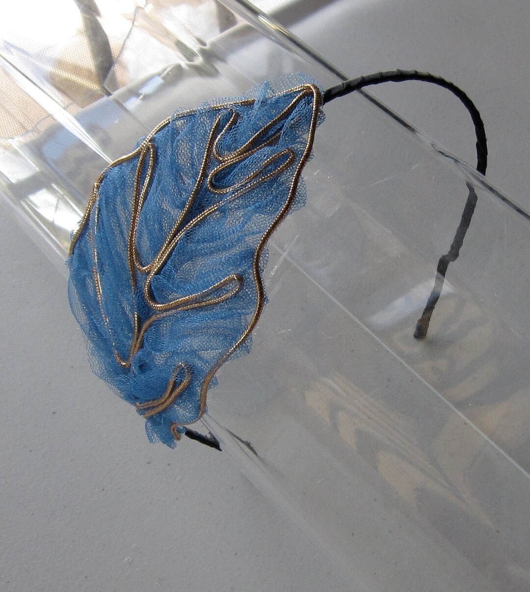 Periwinkle Blue Tulle Gold Trim Leaf Black Satin Headband for - Etsy
