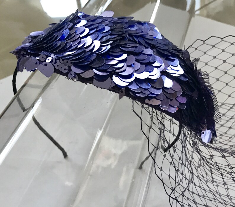 Purple Sequin Teardrop Fascinator Hat With Veil and Satin - Etsy