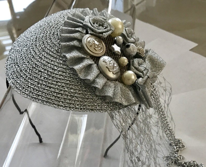 Silver Straw Fascinator Hat With Beaded Chain Appliqué Veil - Etsy