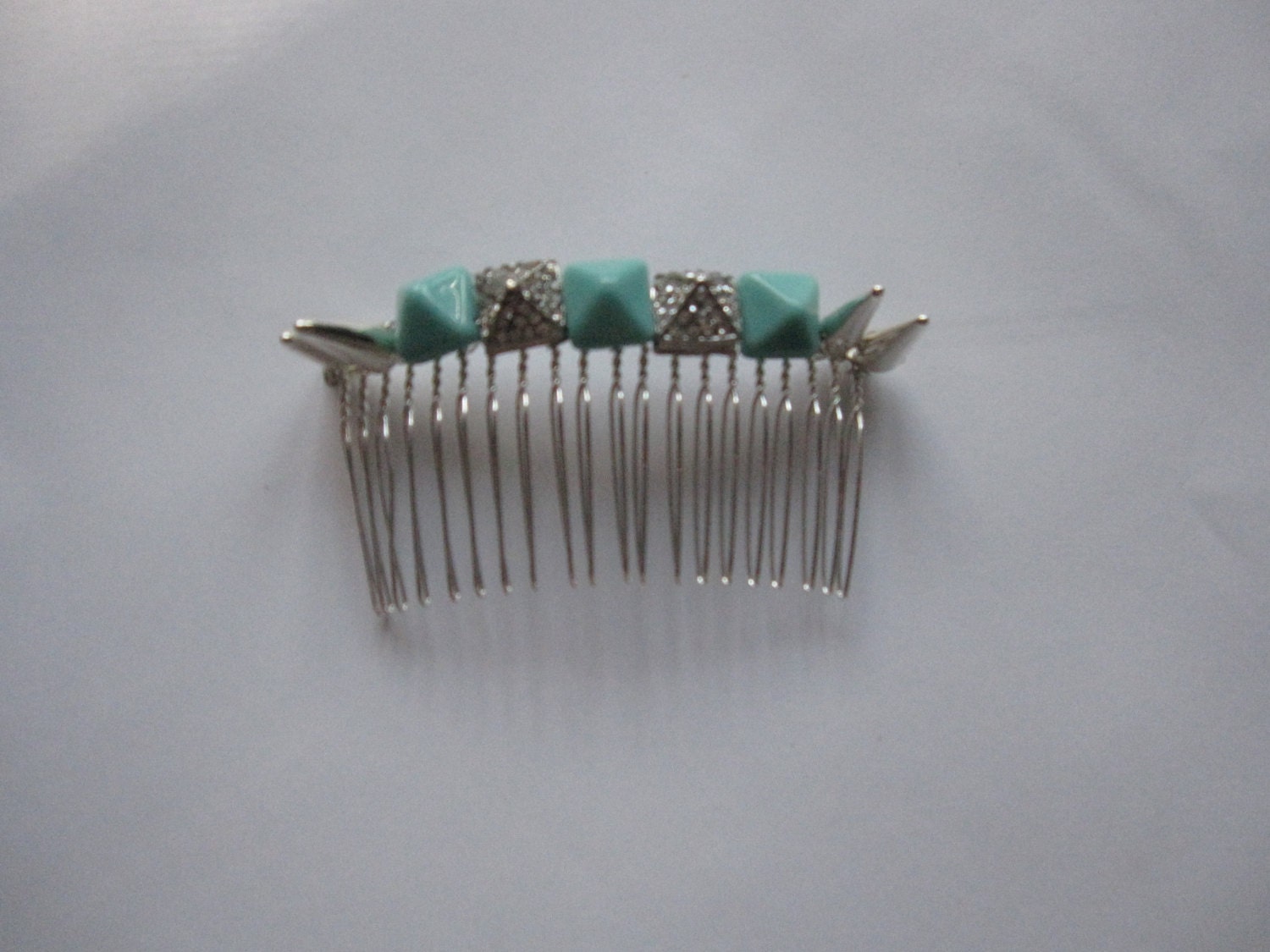 Turquoise Blue Silver Crystal Pyramid Spike Metal Comb for - Etsy
