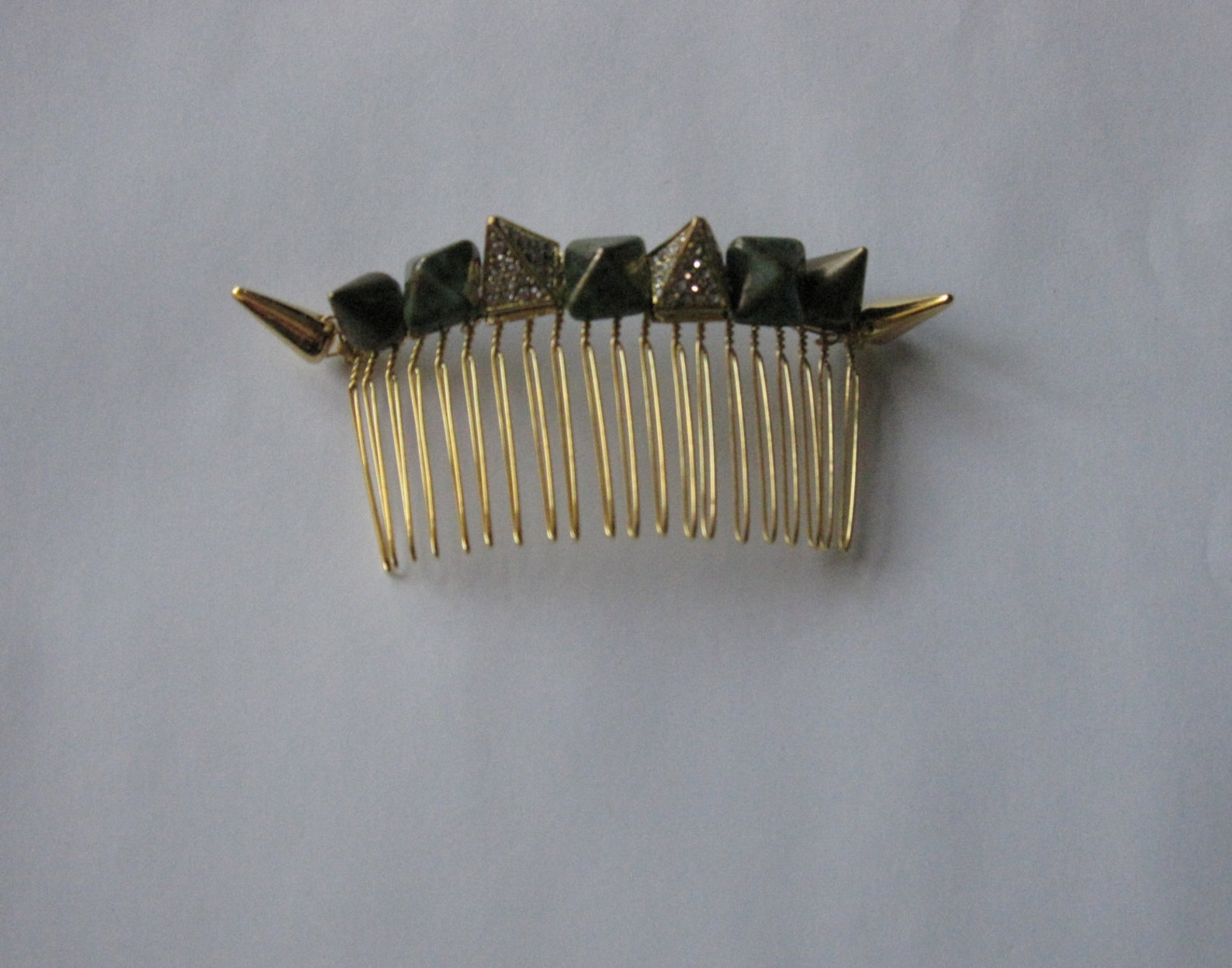 Green Pyramid Gold Crystal Metal Spike Comb for weddings | Etsy