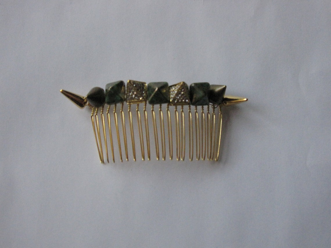 Green Pyramid Gold Crystal Metal Spike Comb for weddings | Etsy