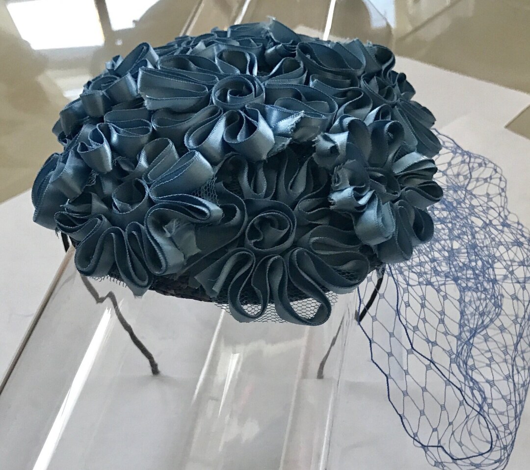 Steel Blue Satin Flower Fascinator Hat With Veil and Satin - Etsy