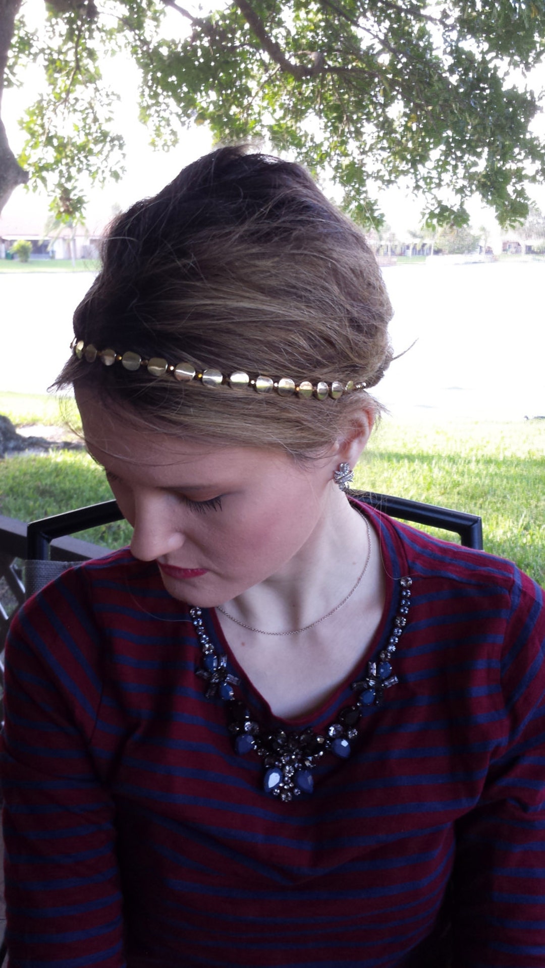 Gold Metal Coin Crystal Beaded Elastic Headband, for Weddings, Parties ...