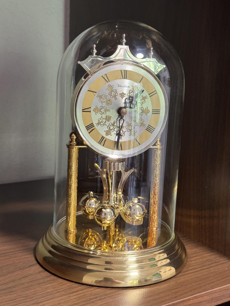 Vintage Heirloom Brass Mantel Clock With Glass Dome & Pendulum - Made ...