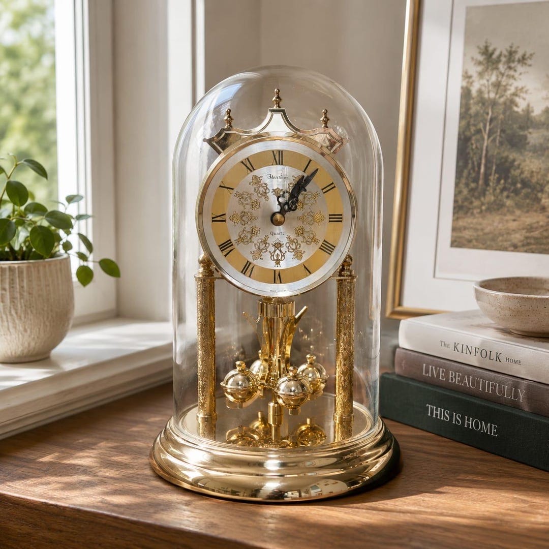 Vintage Heirloom Brass Mantel Clock With Glass Dome & Pendulum - Made ...