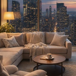 Cozy High Rise Living Room Wall Art, Modern Apartment Interior, Evening ...