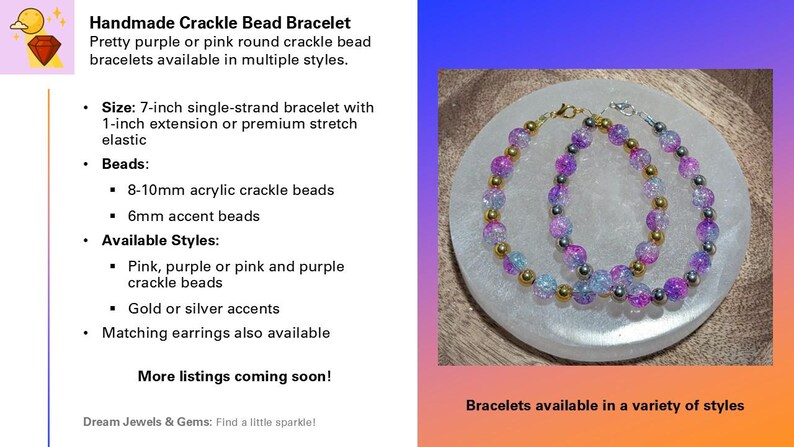 Handmade Round Crackle Bead Bracelet in Pretty Pink or Purple: Multiple ...