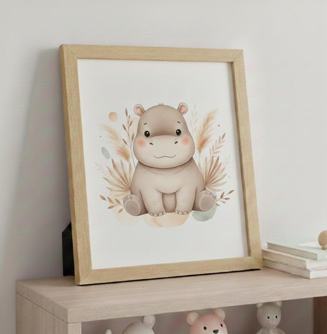 Baby Hippo Safari Nursery Poster, Neutral Boho Animal Wall Art - Safari ...