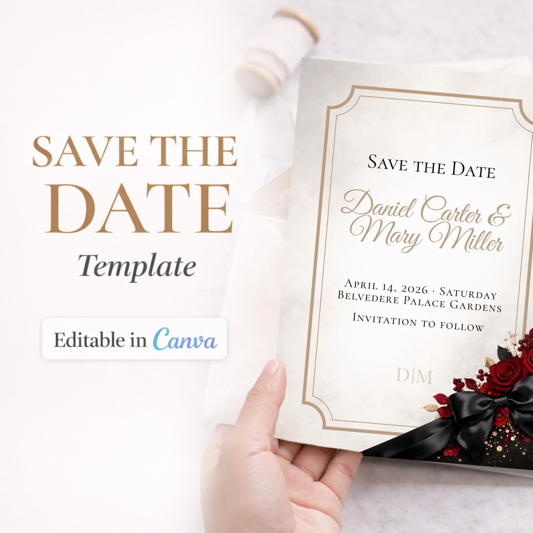 Black Bow Save the Date Template Editable in Canva, Burgundy Wedding ...