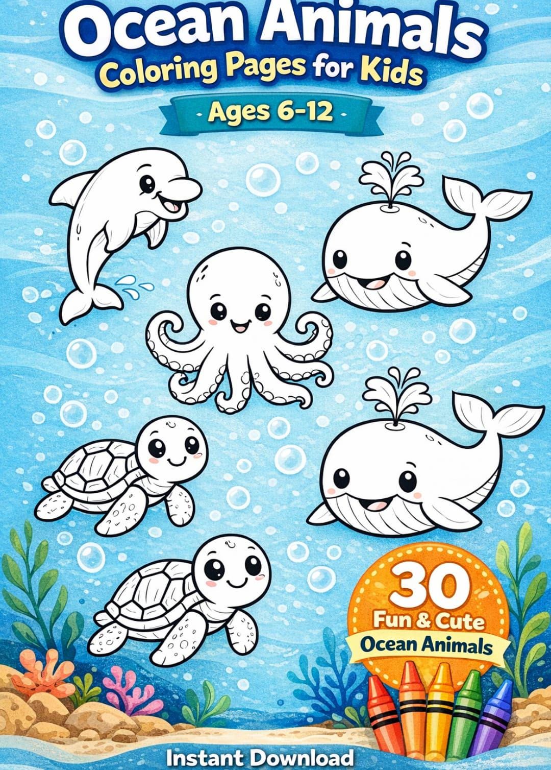 Ocean Animals Coloring Pages for Kids | 30 Page Printable PDF | Digital ...