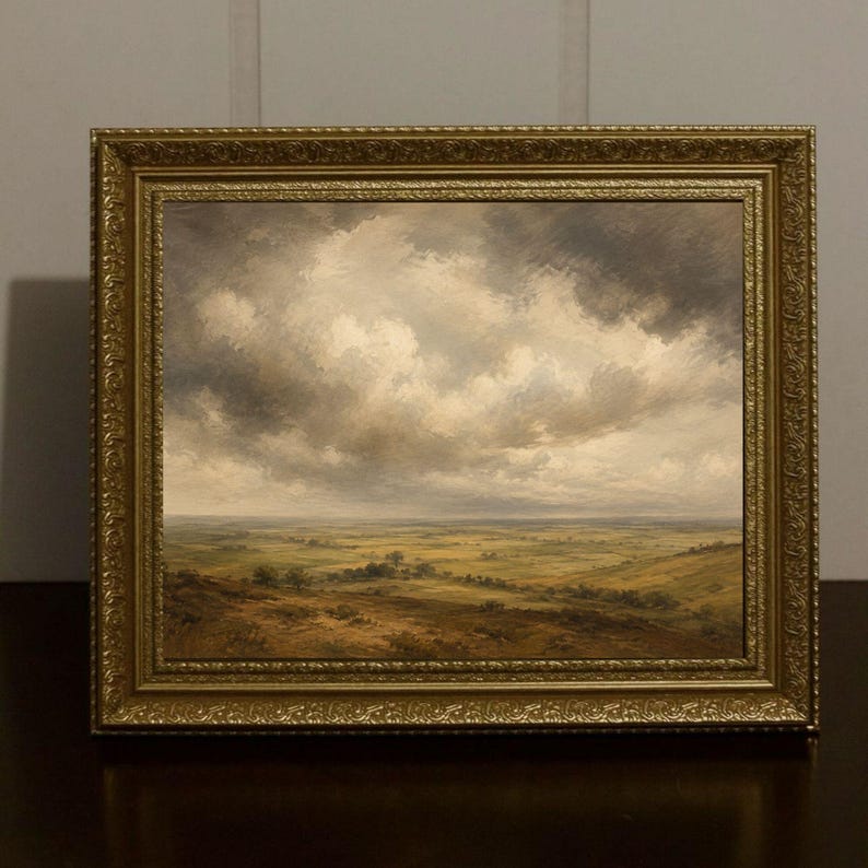 Vintage Cloudy Landscape Frame TV Art Moody Sky Painting Neutral ...
