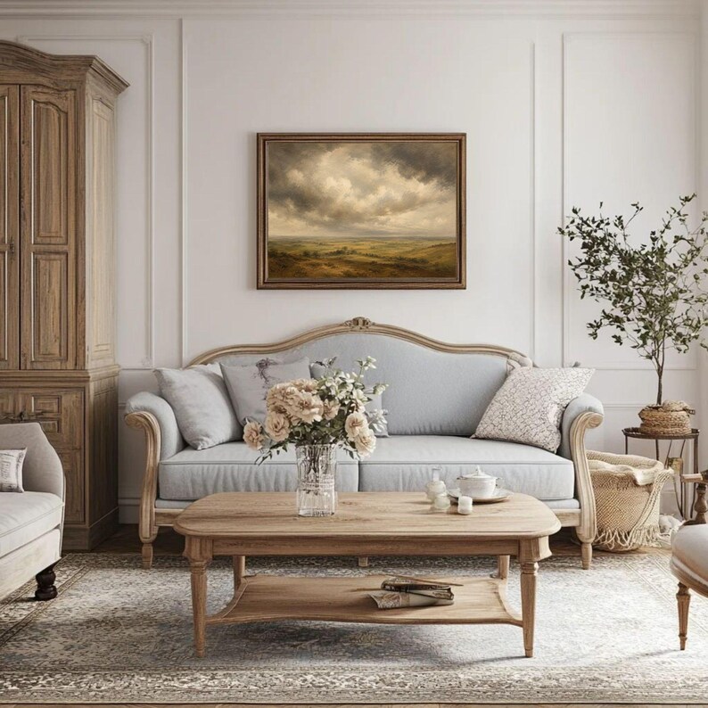 Vintage Cloudy Landscape Frame TV Art Moody Sky Painting Neutral ...