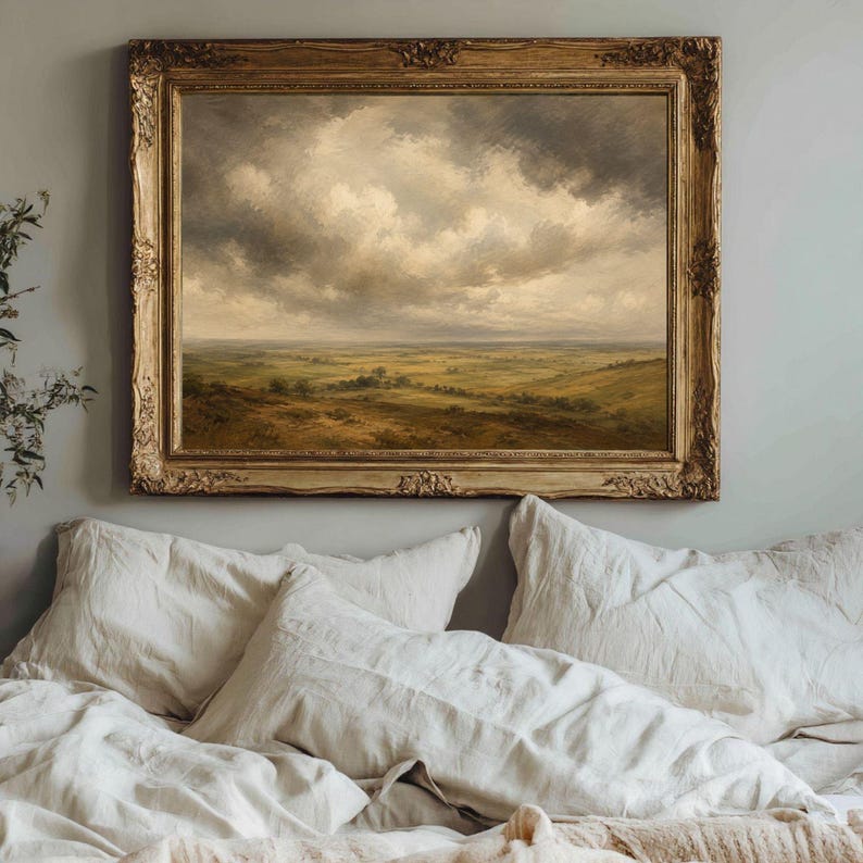 Vintage Cloudy Landscape Frame TV Art Moody Sky Painting Neutral ...
