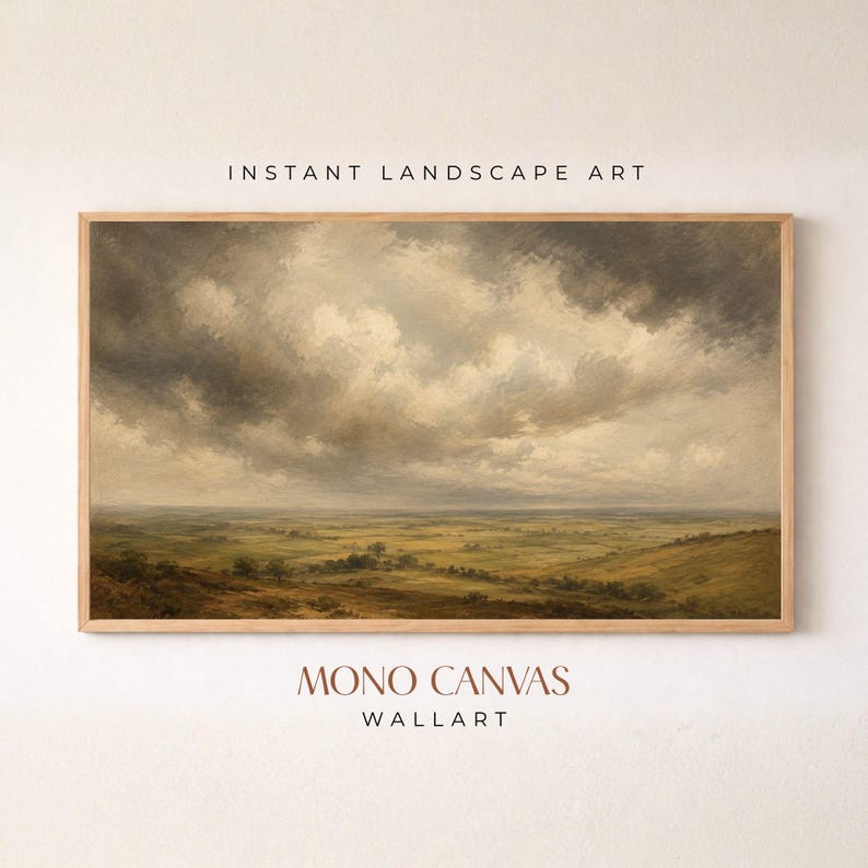 Vintage Cloudy Landscape Frame TV Art Moody Sky Painting Neutral ...