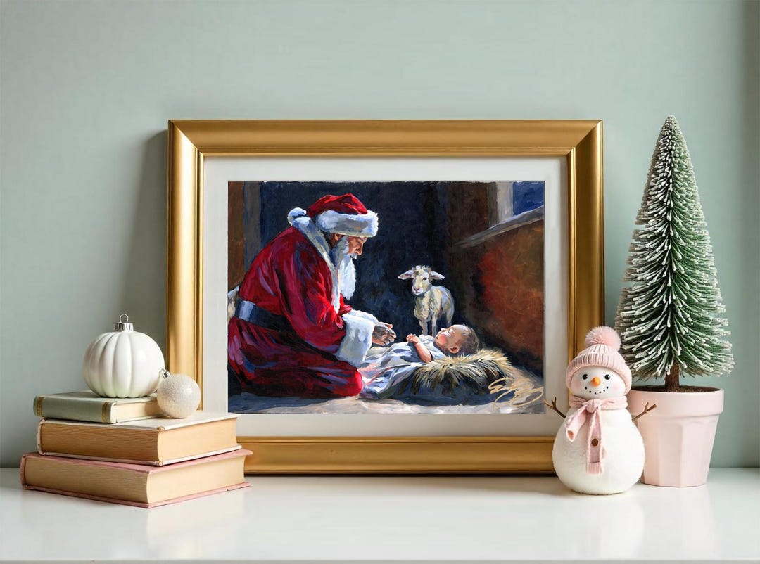 Santa Kneeling Before Baby Jesus, A Fine Art Print - Etsy