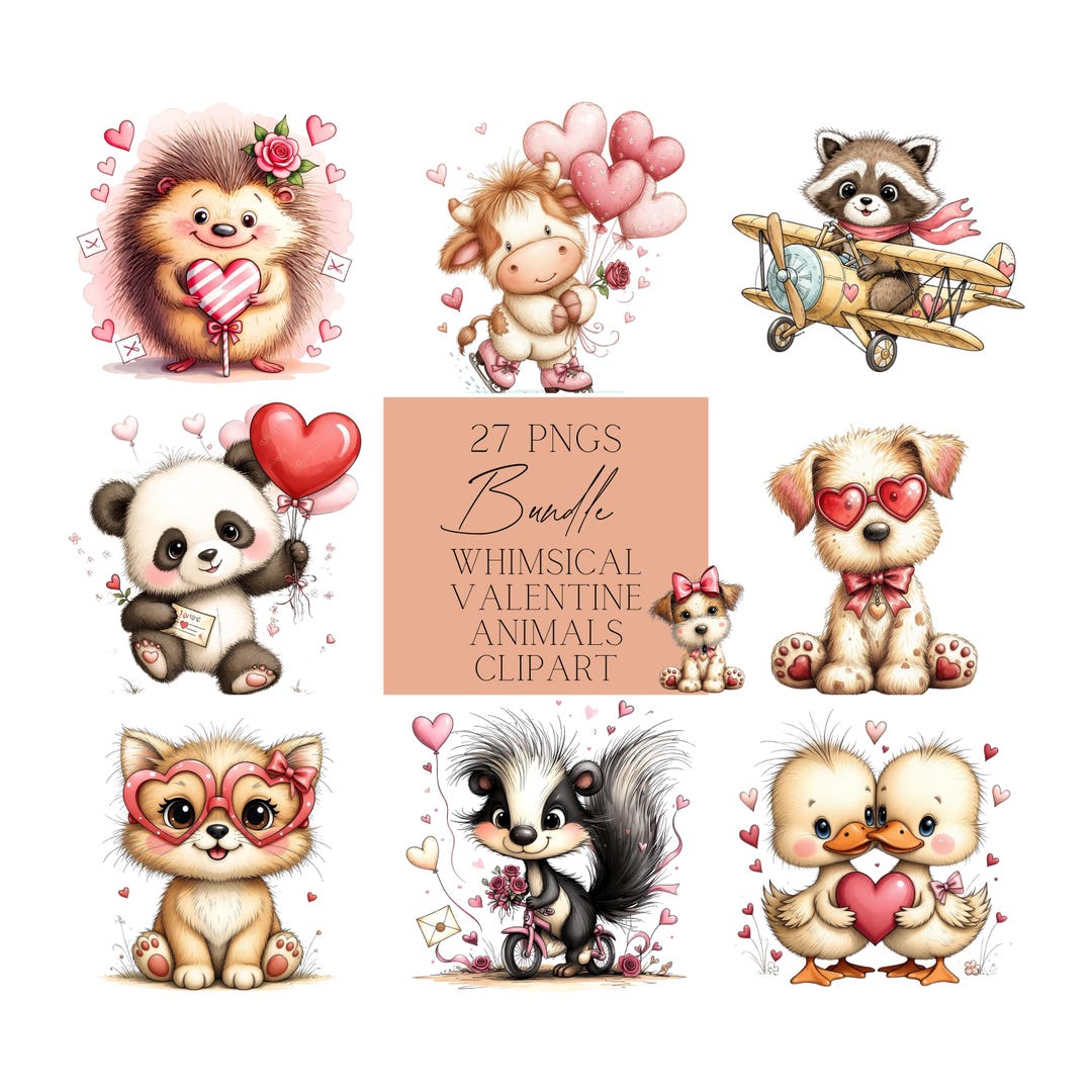 Valentine Animal Clipart PNG Bundle | 27 Whimsical Animals | Vintage ...