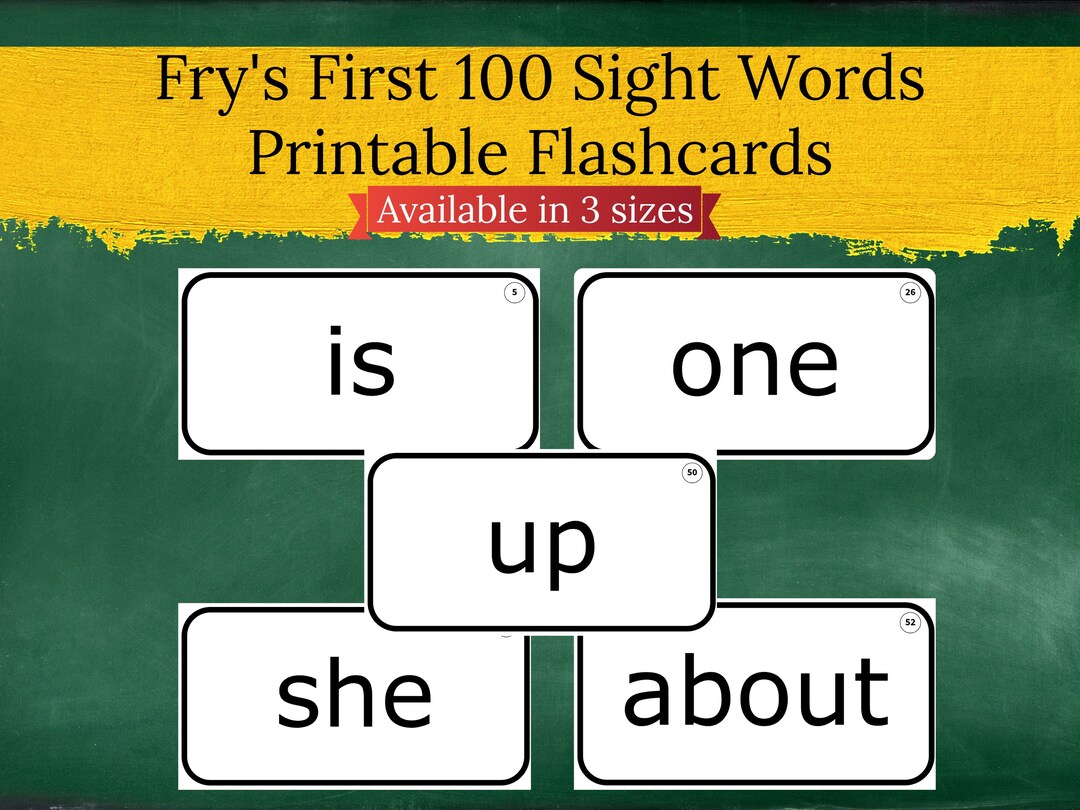 Fry's First 100 Sight Words Flashcards in 3 Sizes, Printable Learning ...