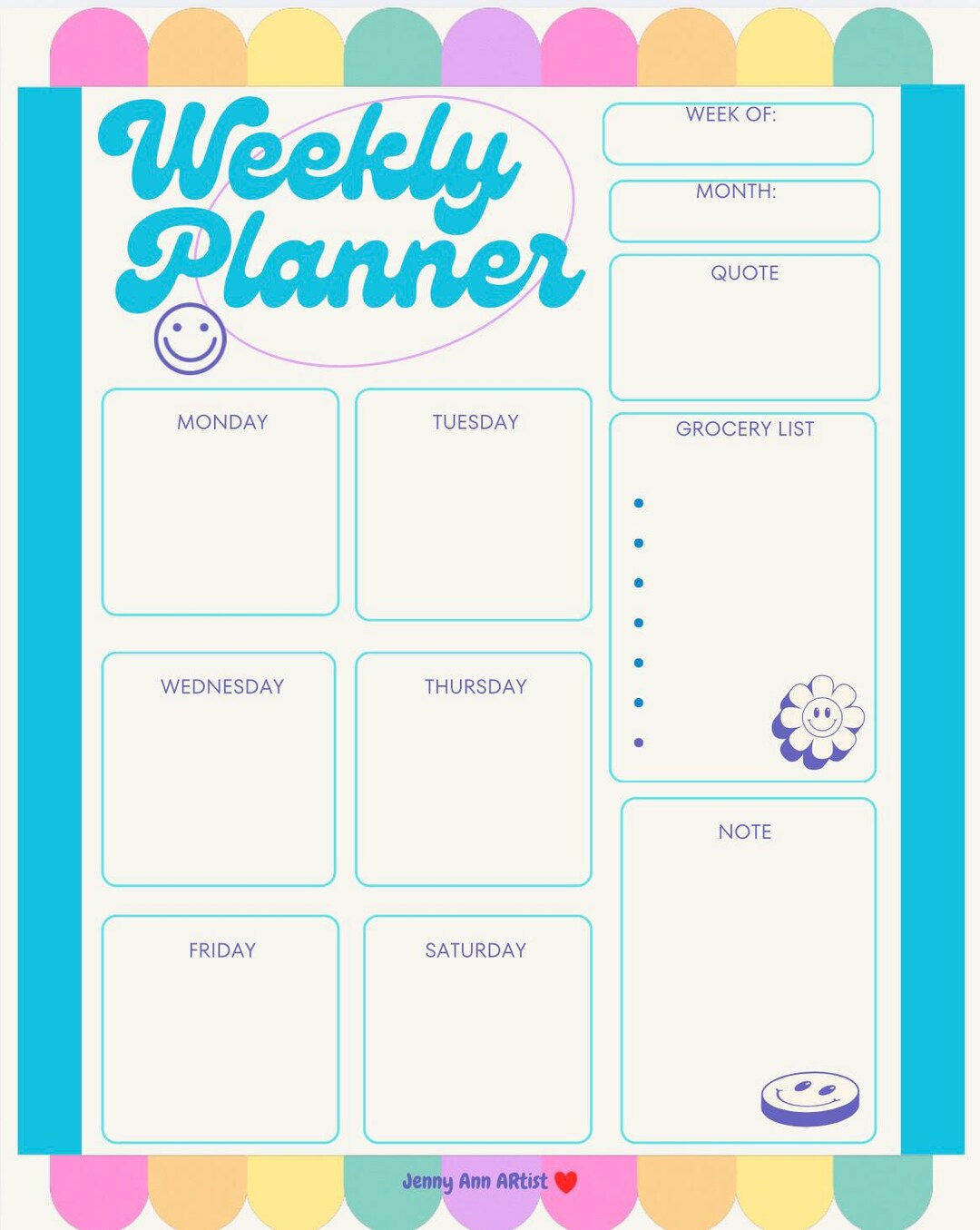 6-day Weekly Planner Printable | Colorful Digital Calendar | Instant ...