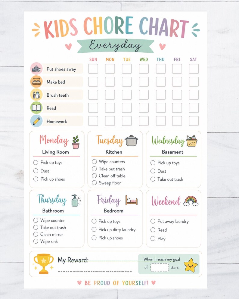 Kids Chore Chart Printable, Daily Routine Chart for Kids, Weekly ...