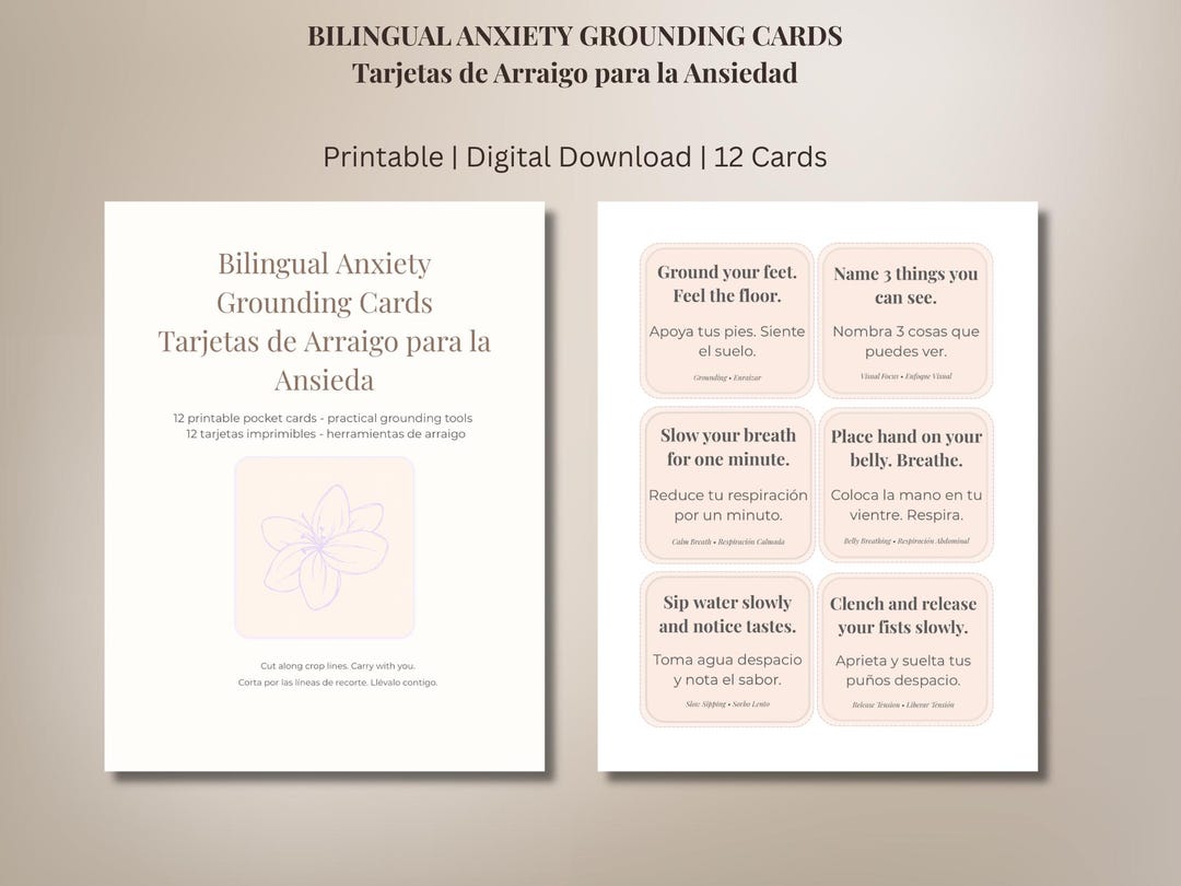 Bilingual Anxiety Grounding Cards Printable | English & Spanish | 6 per ...