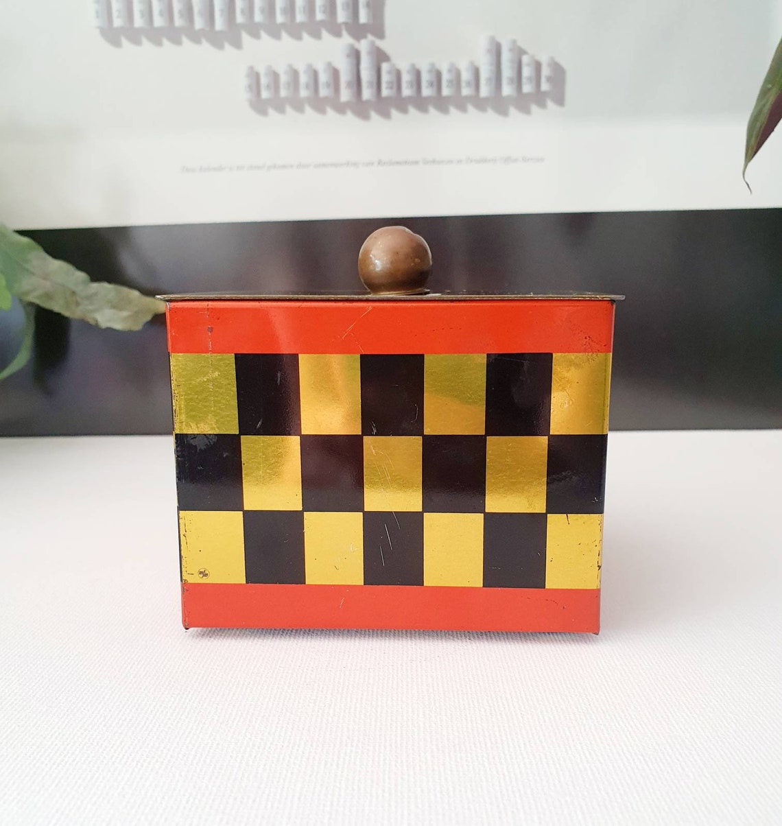 Vintage Lidded Square Checkered Black and Gold Tin Box - Etsy