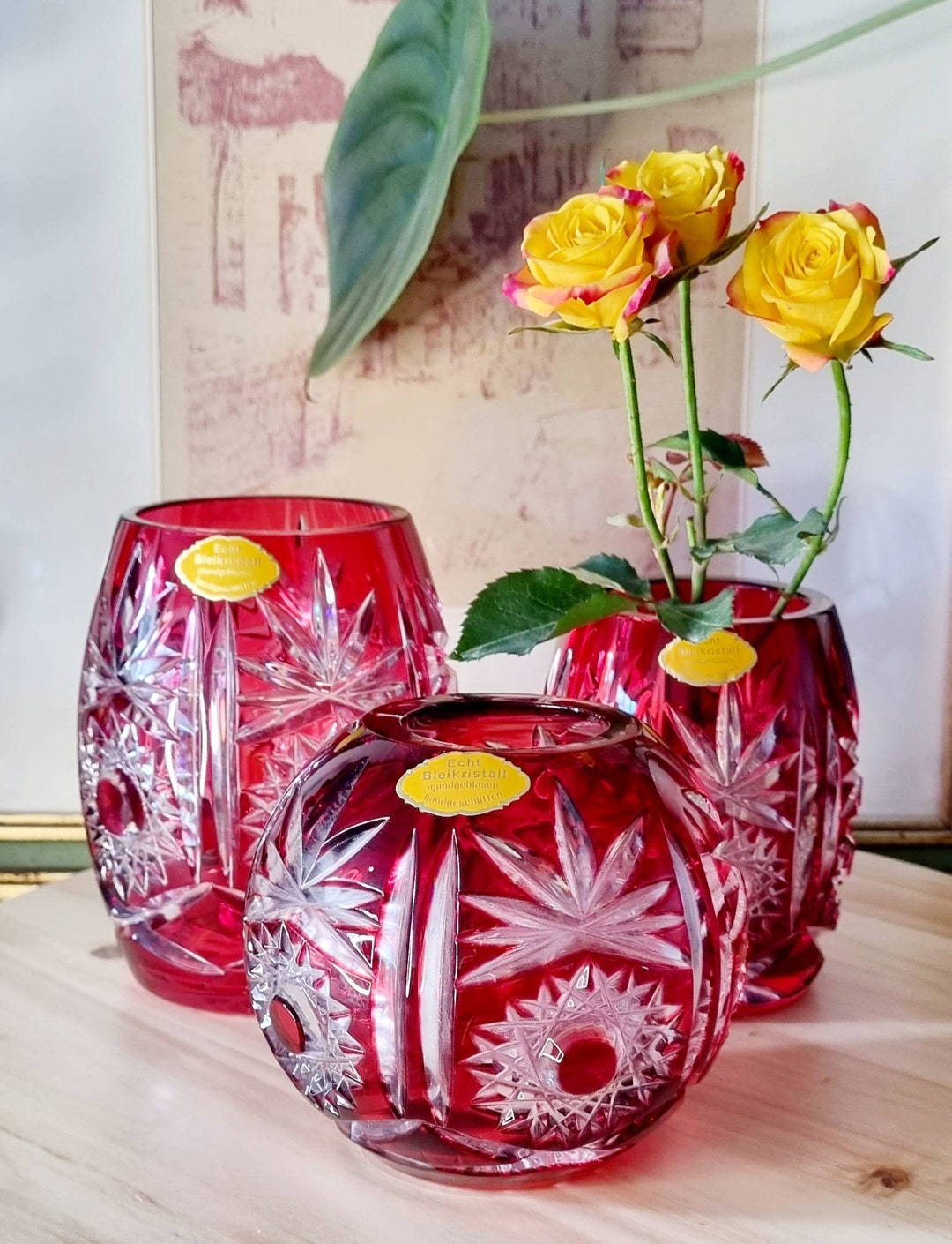 Ruby Red Cut Crystal Glass Set of 3 Vases - Etsy