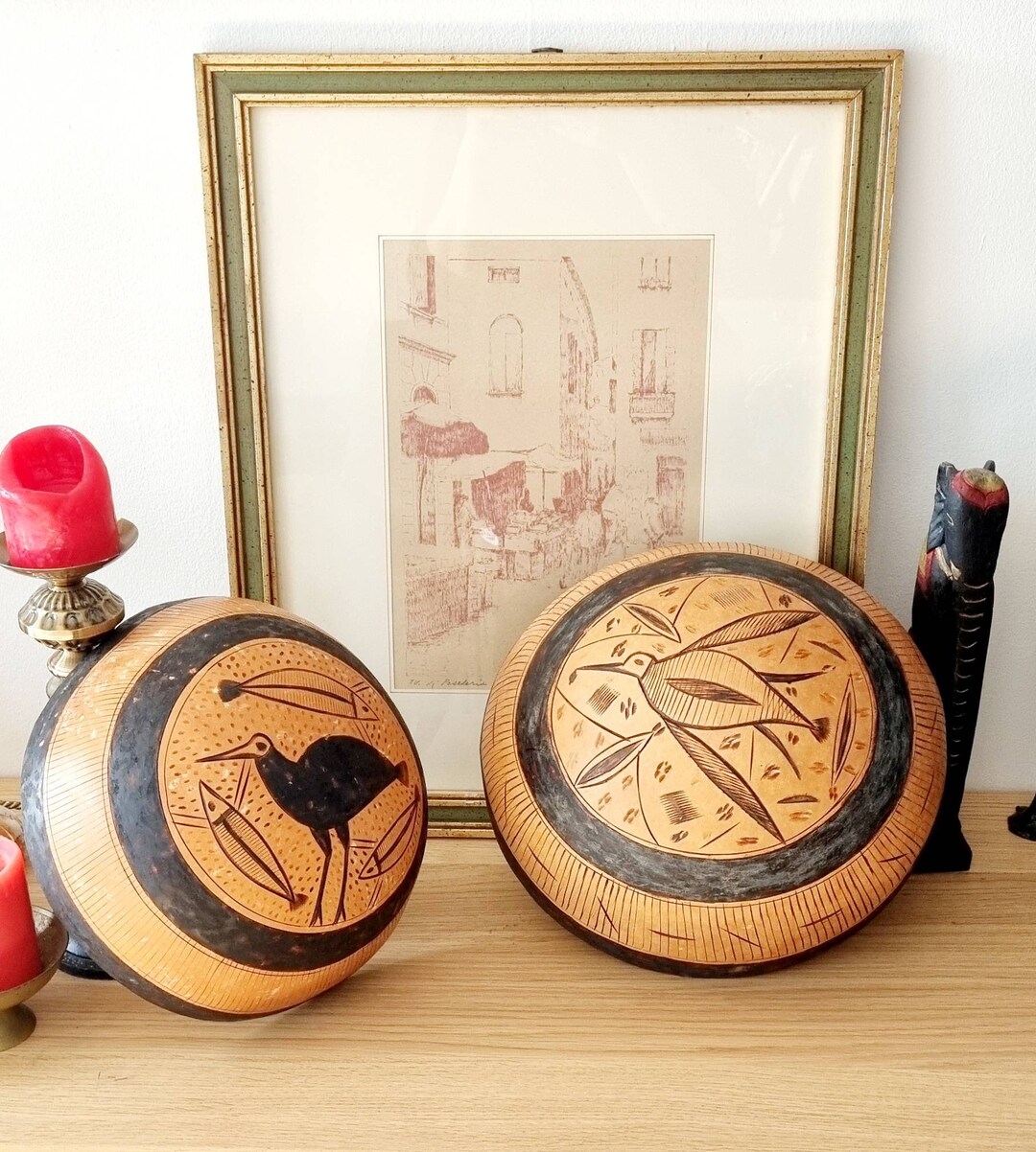 Vintage Calabash Gourd Bowl Set of 2 With Burned in Drawings. - Etsy