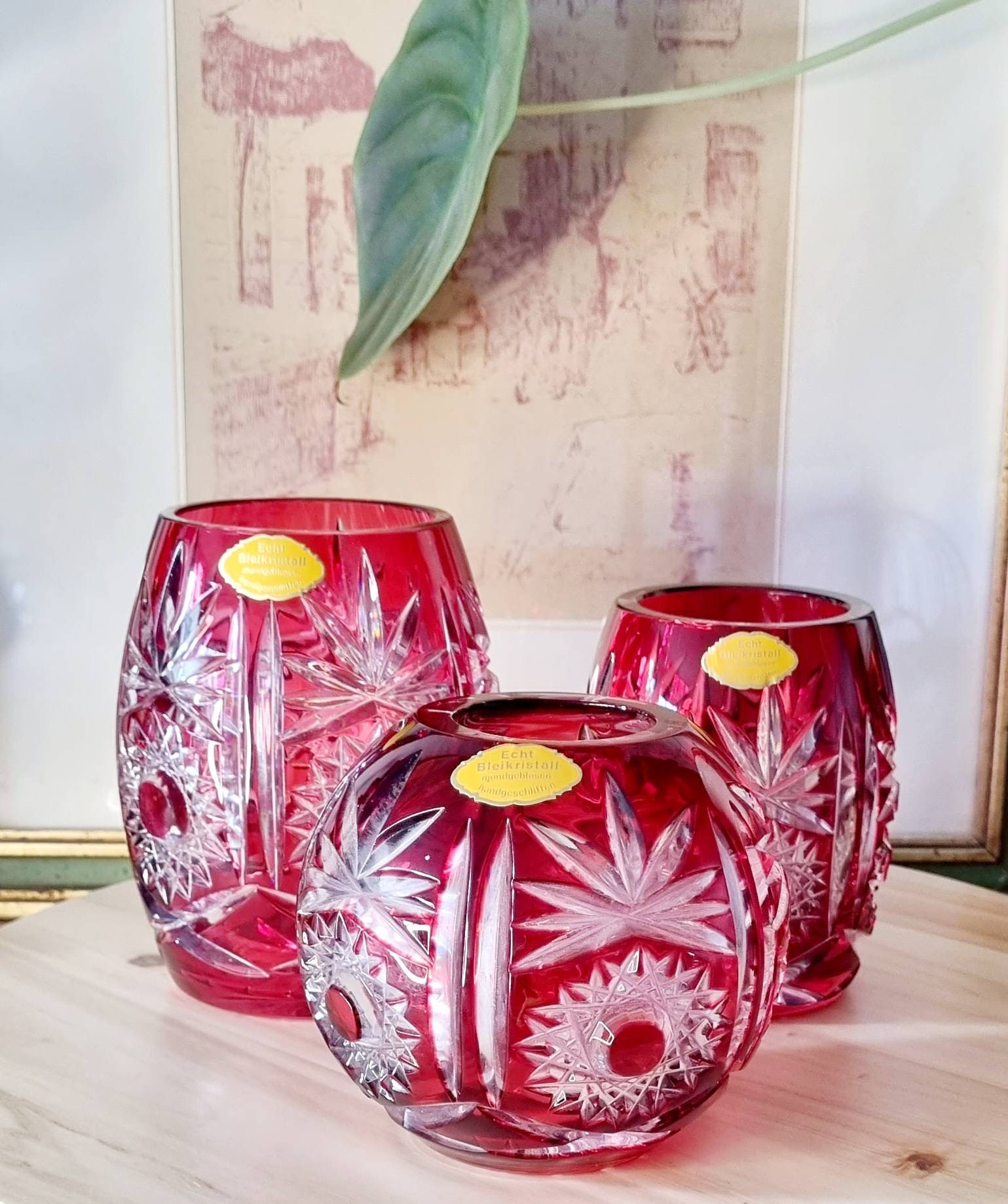 Ruby Red Cut Crystal Glass Set of 3 Vases - Etsy