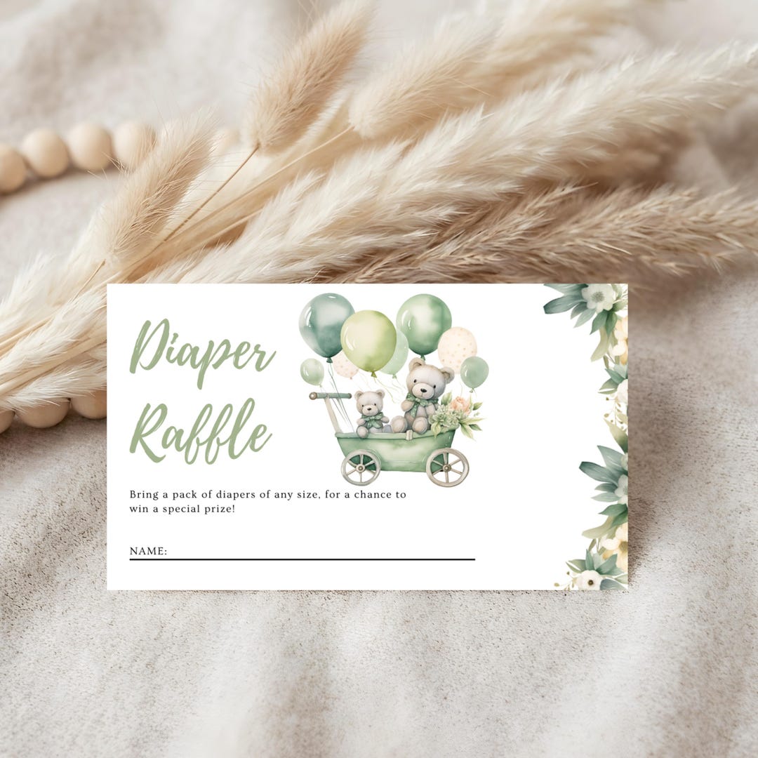 Green Teddy Bear Diaper Raffle Card | Neutral Baby Shower Insert ...
