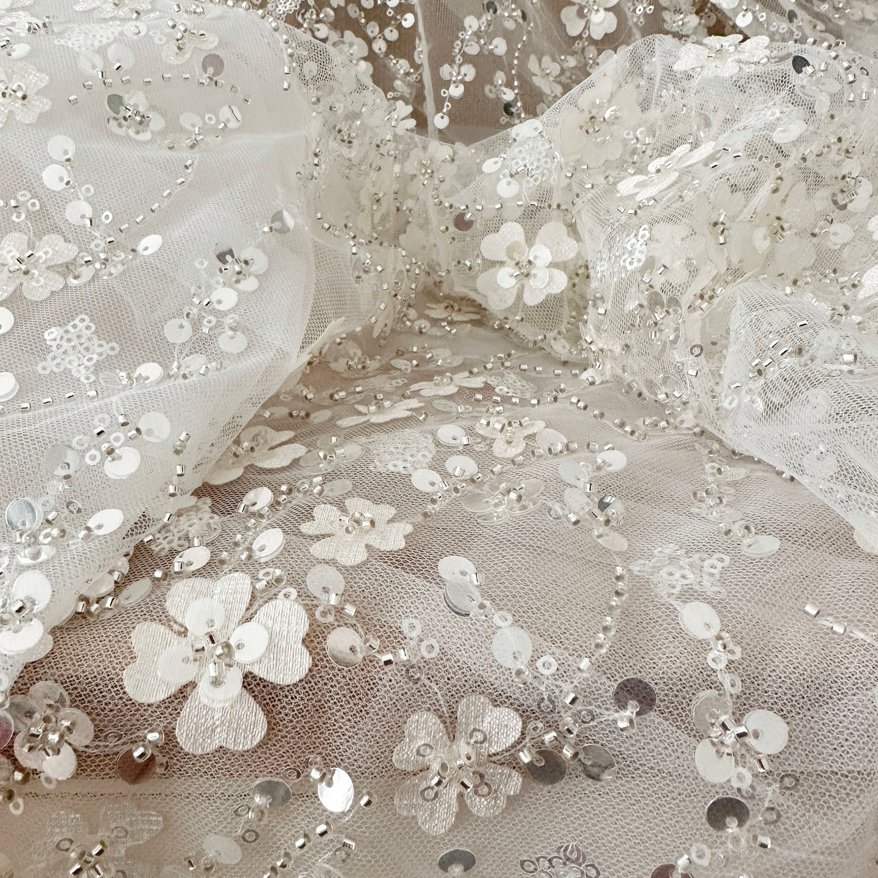 1 Yard 3D Silver Beads Lace Fabric Champagne Flower Blossom Embroidery ...