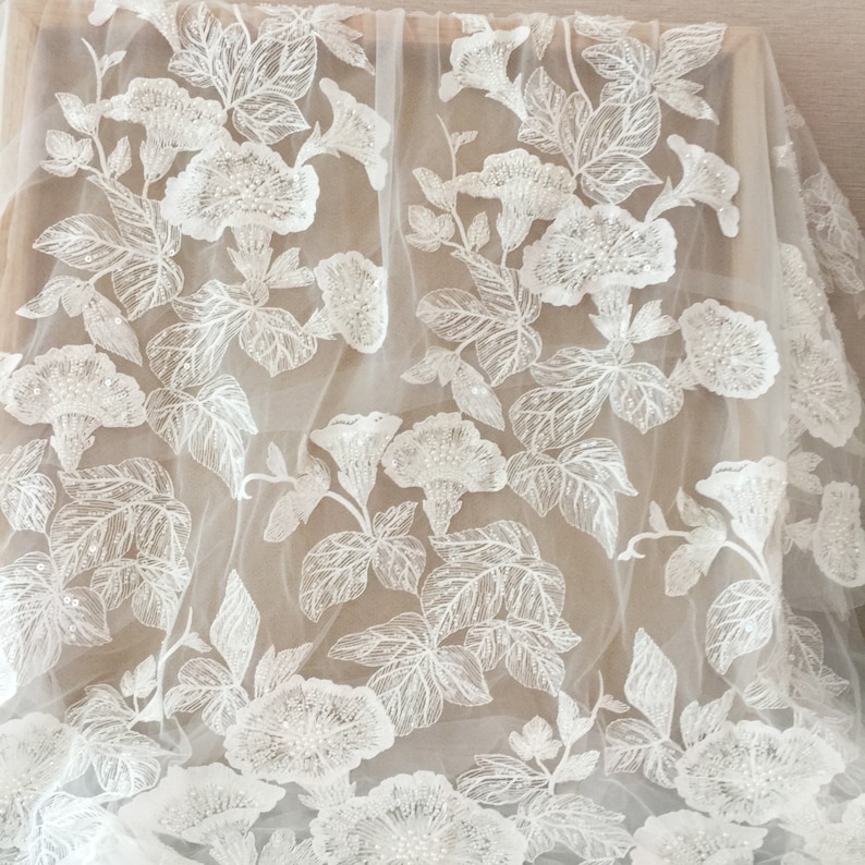 1 Yard 3D Pearl Beaded Flower Leaf Tulle Lace Fabric couture - Etsy