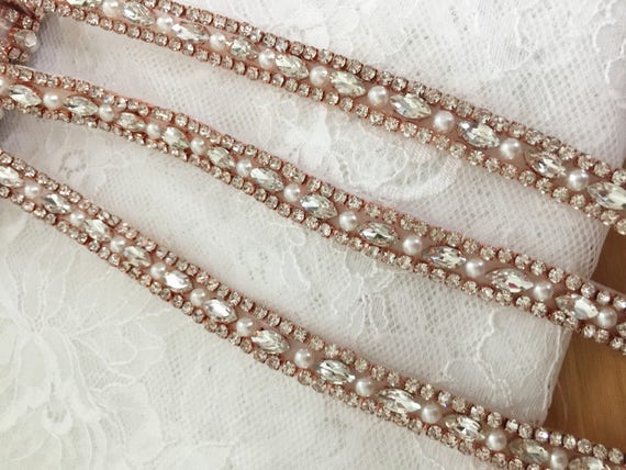 Rose Gold Thin rhinestone Pearl Beaded Trim for wedding belt | Etsy